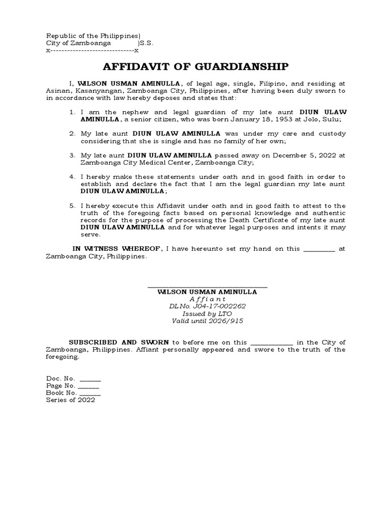 Affidavit of Guardianship - Aminulla | PDF | Law