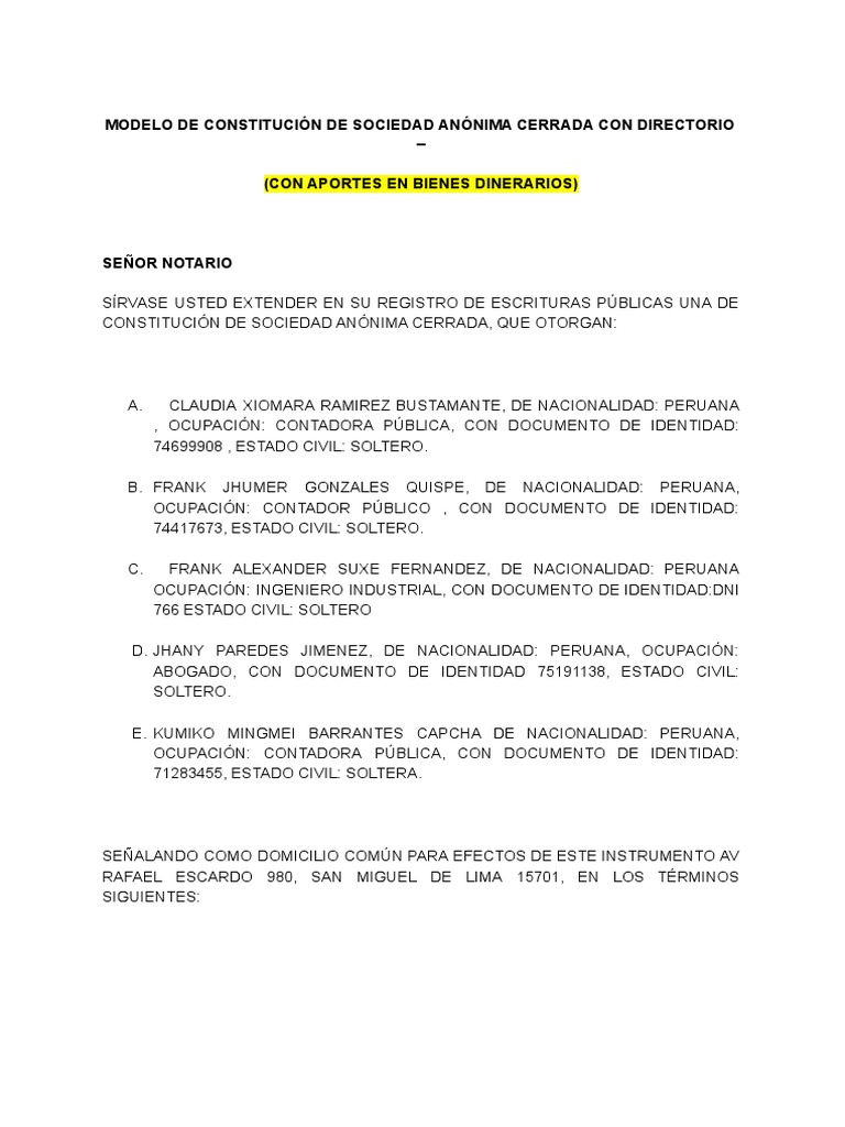 Modelo de Constitución de Sociedad Anónima Cerrada Con Directorio | PDF ...