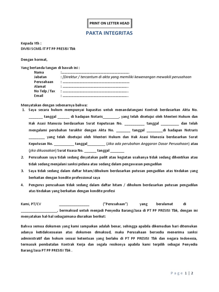 Format Pakta Integritas | PDF