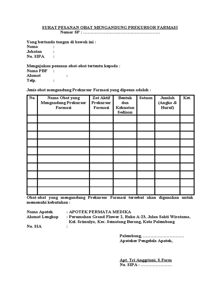 Blanko Pesanan Obat Mengandung Prekursor Farmasi | PDF