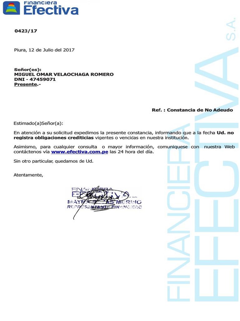 Carta de No Adeudo Efe | PDF