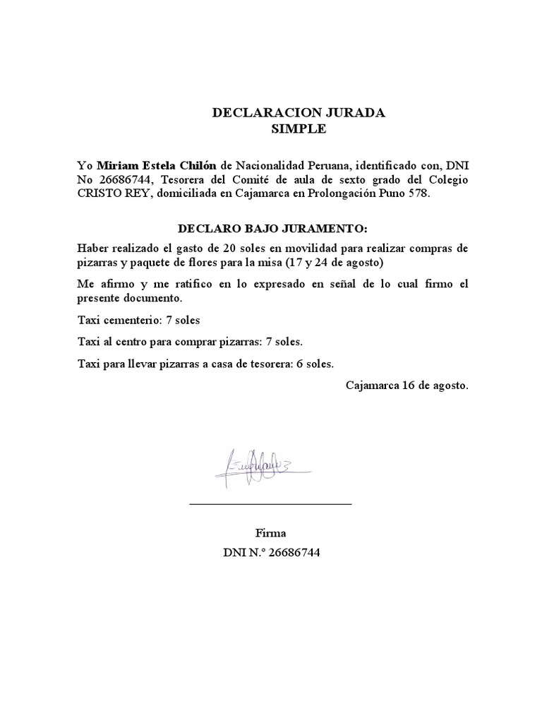 Ejemplo de Declaración Jurada Simple | PDF | Religión y espiritualidad