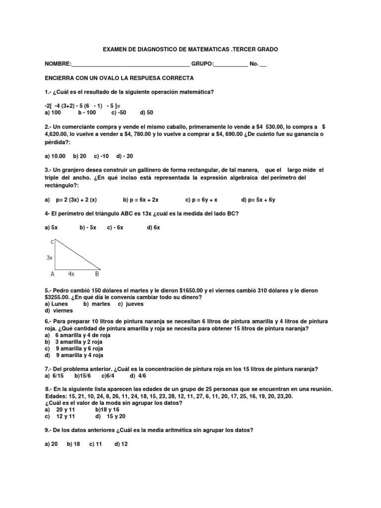 Examen Diagnostico 3er Grado Matematicas-Secundaria | PDF | Matemáticas