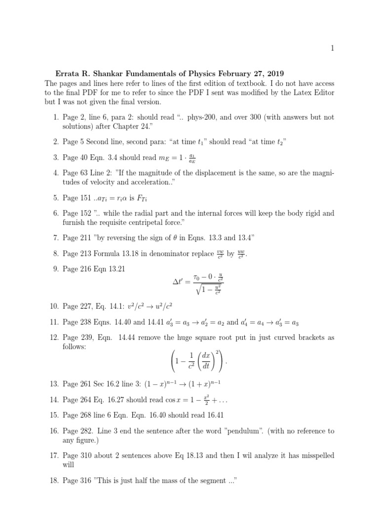 Errata for Shankar's Physics Textbook | PDF | Physics | Spacetime