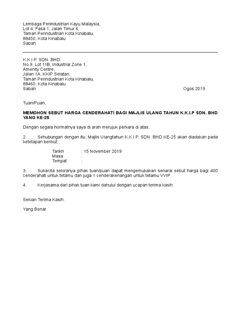 Surat Memohon Sebut Harga | PDF