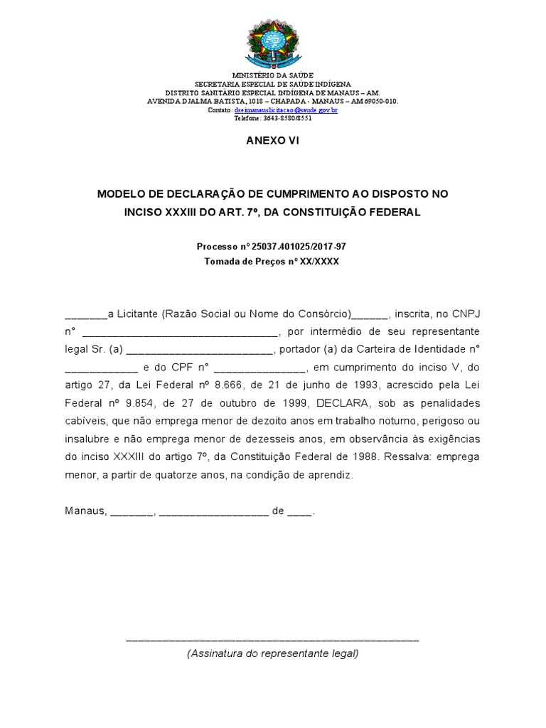 6 - Anexo Vi - Modelo de Declaração de Cumprimento Art. 7 CF | PDF ...