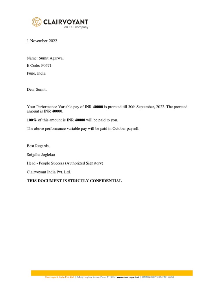 Variable Pay Confirmation Letter | PDF