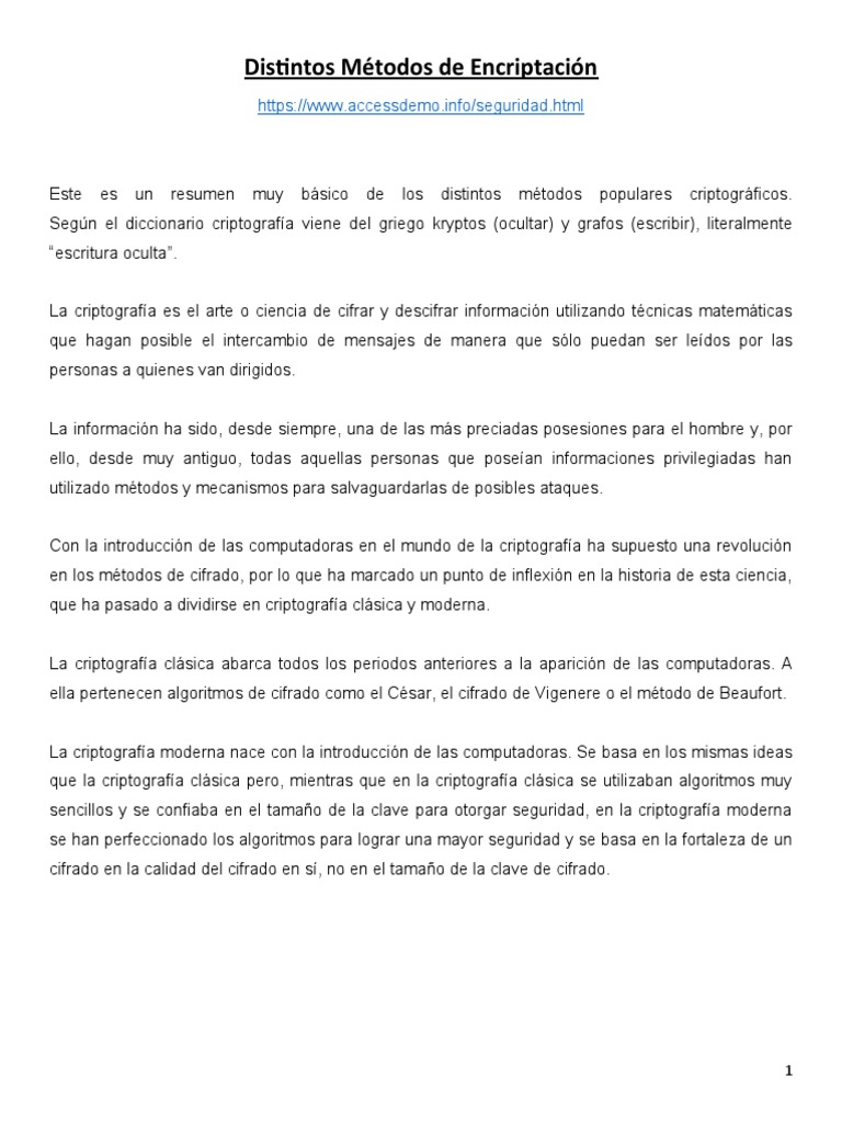 Métodos Encriptación | PDF | Criptografía | Clave (criptografía)