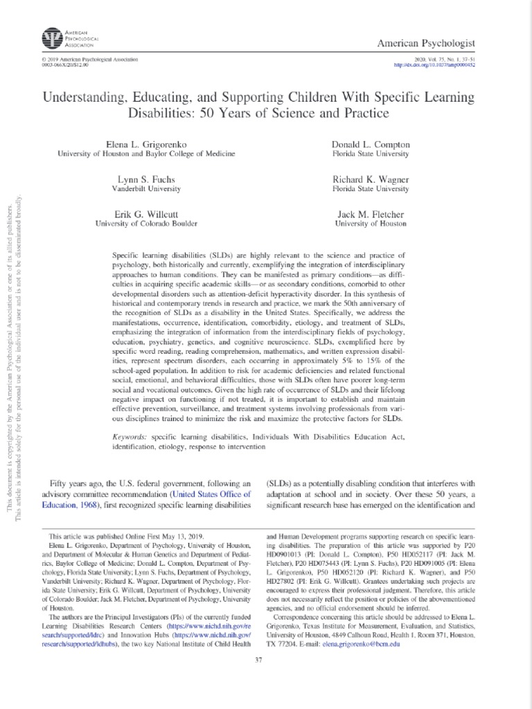 Understanding, Educating, and Supporting Children With Specific Learning Disabilities - 50 Years ...