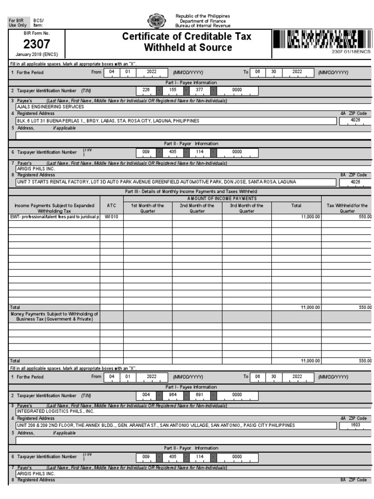 BIR Form 2307 - May2022 | PDF | Payments | Taxpayer