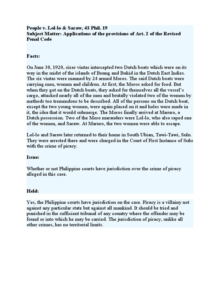 Pp. v. Lo Lo Saraw Case Digest | PDF | Politics | History