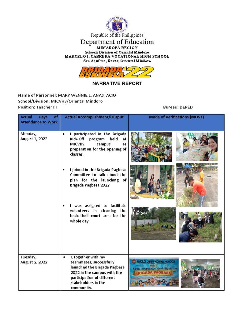 Brigada Daily Narrative | PDF | Classroom | Cognition