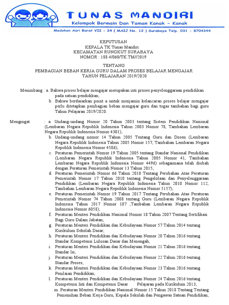 Konsideran SKPBM TK Tunas Mandiri Tahun 2019 - 2020 | PDF