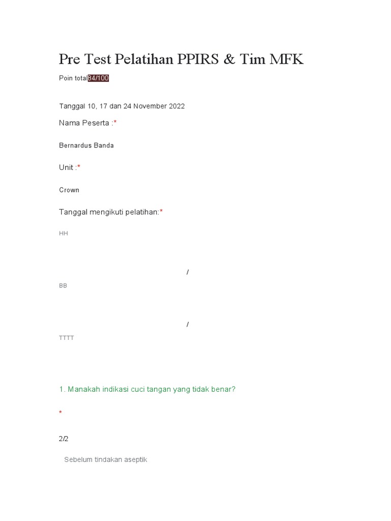 Pre Test Pelatihan PPIRS | PDF