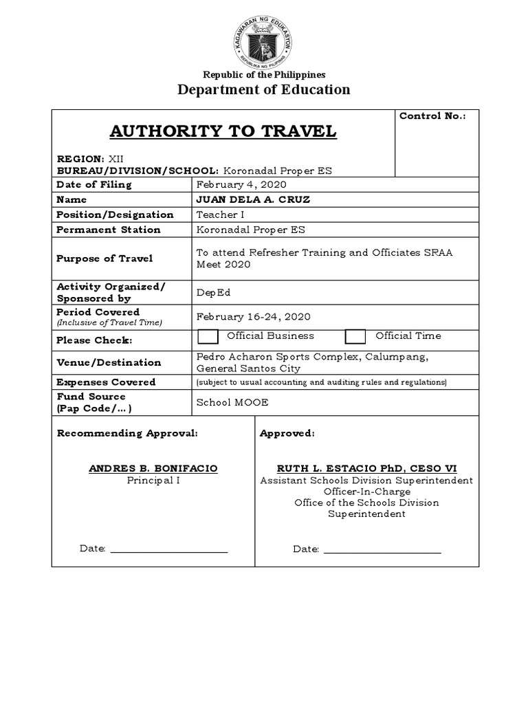 Authority To Travel Sample - For Teaching & Non Teaching Within Region ...