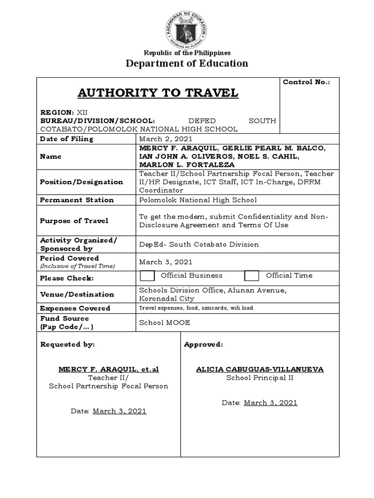 Authority To Travel Sample - For Teaching & Non Teaching Within ...