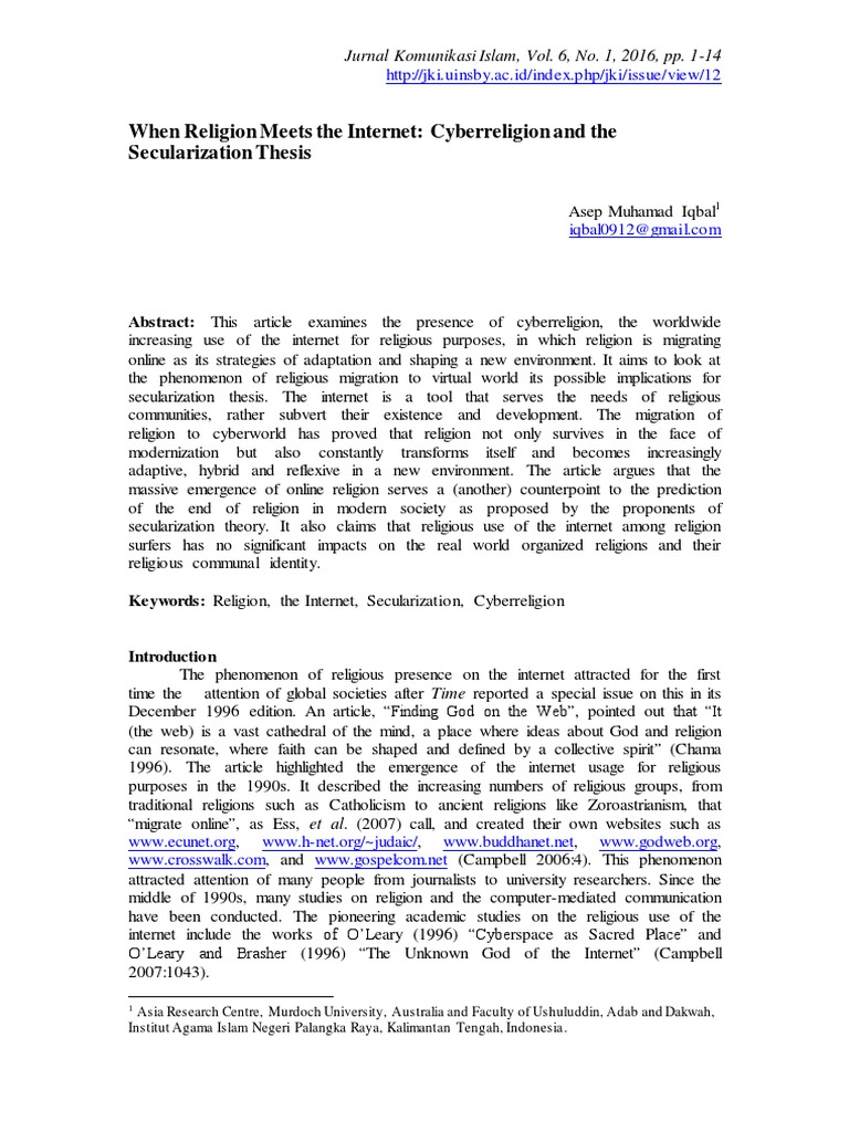 Asep Iqbal-1Cyberreligion and The Secularization Thesis (Sent To JKI Sby 6Aug16-Accepted) | PDF ...