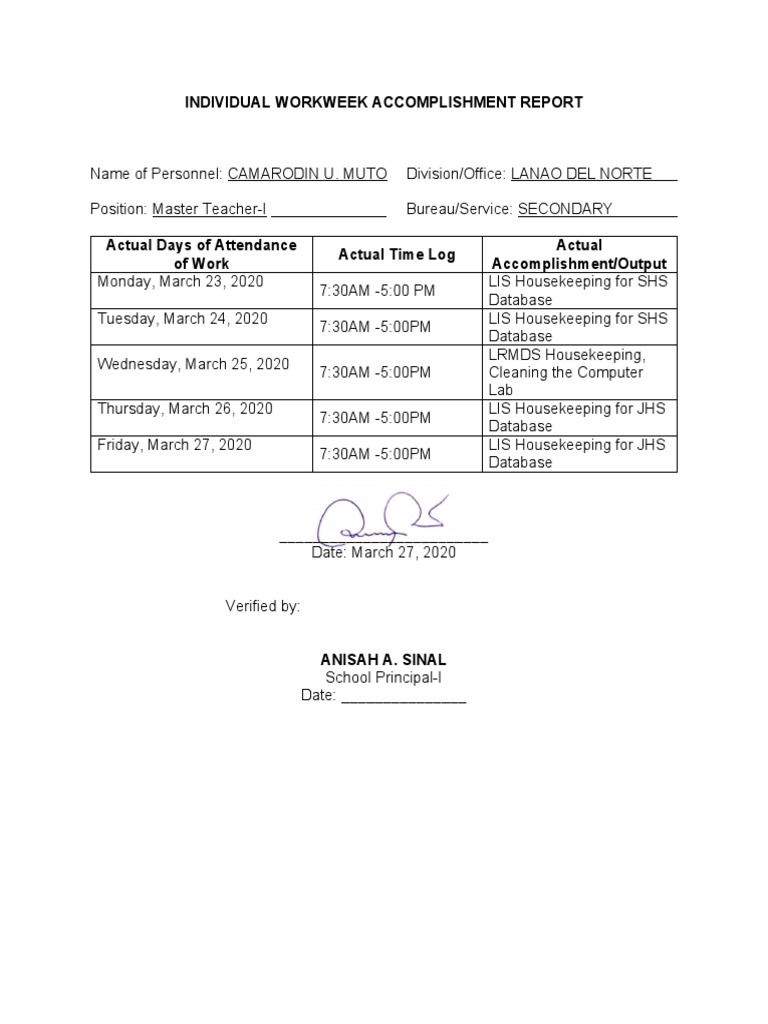 Individual Workweek Accomplishment Report Muto Camarodinw2 Pdf