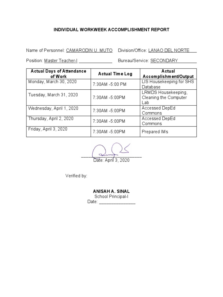 Individual Workweek Accomplishment Report-Muto, Camarodinw3 | PDF