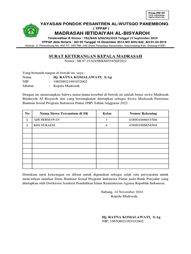 Form-PIP.04 - Surat Keterangan Kepala Madrasah | PDF