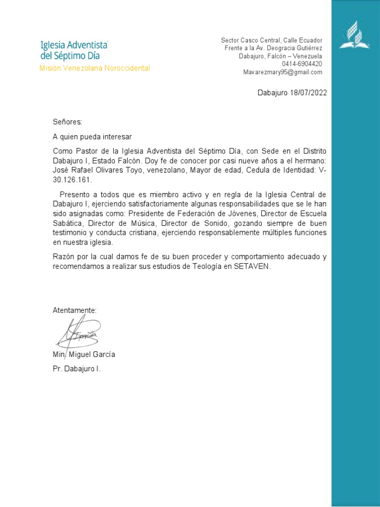 Carta de Recomendacion Iglesia Central | PDF