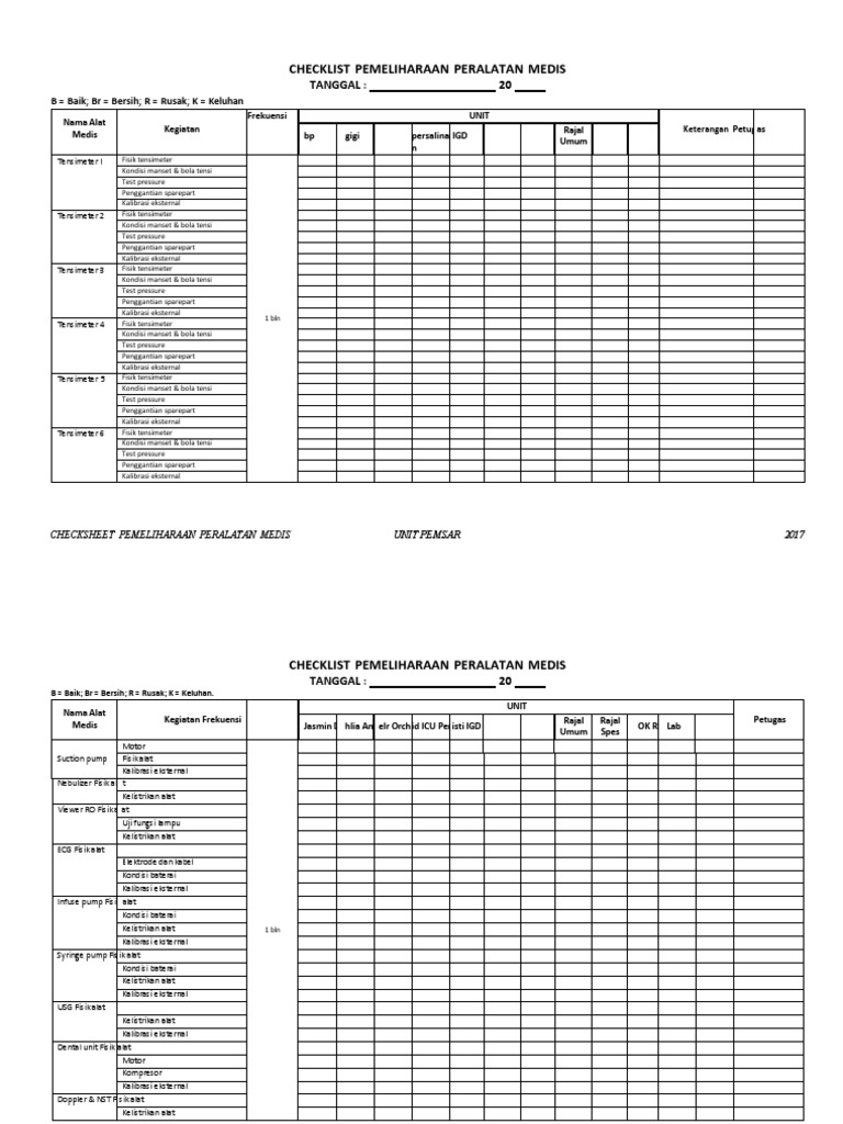 Checklist Pemeliharaan Alat Medis 2017 | PDF