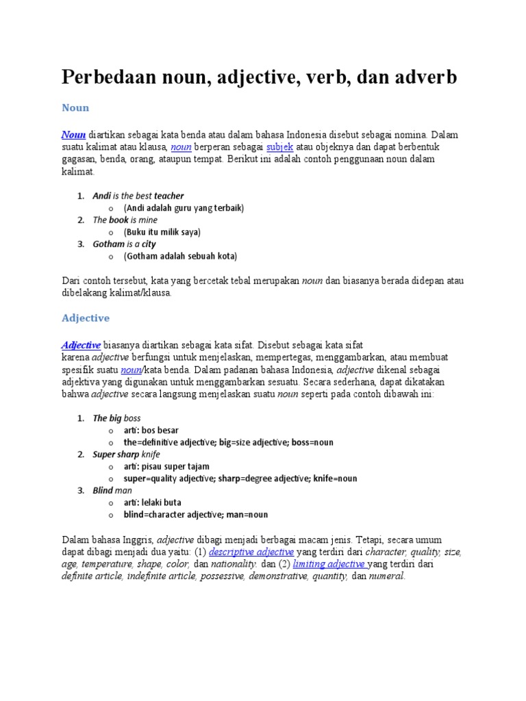Perbedaan Noun, Adjective, Verb, dan Adverb | PDF