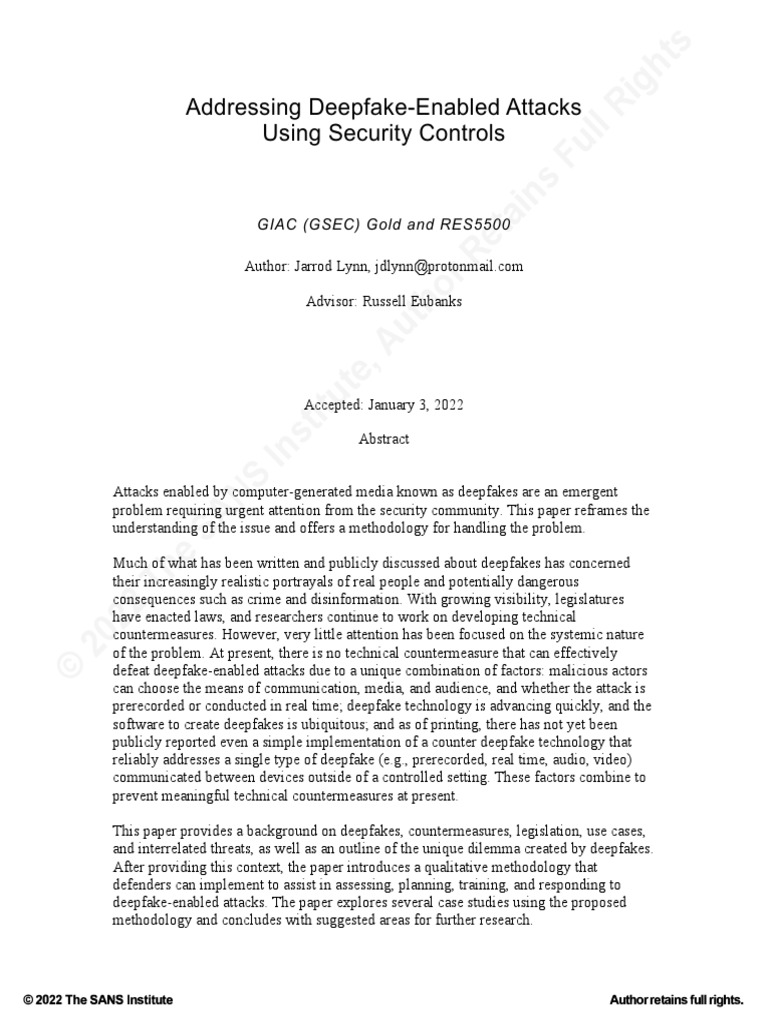 Sans Addressing Deepfake Enabled Attacks Using Security Controls | PDF | Artificial Intelligence ...