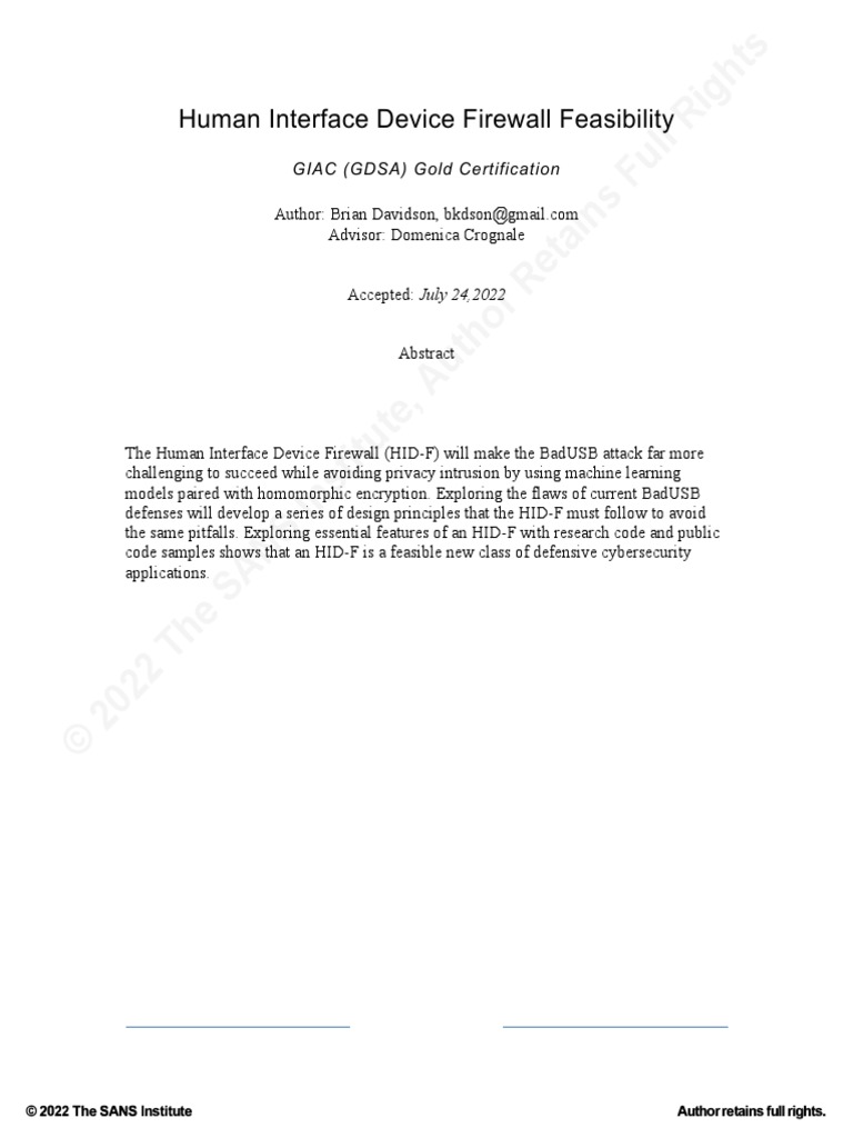 Sans Human Interface Device Firewall Feasibility | PDF | Security | Computer Security