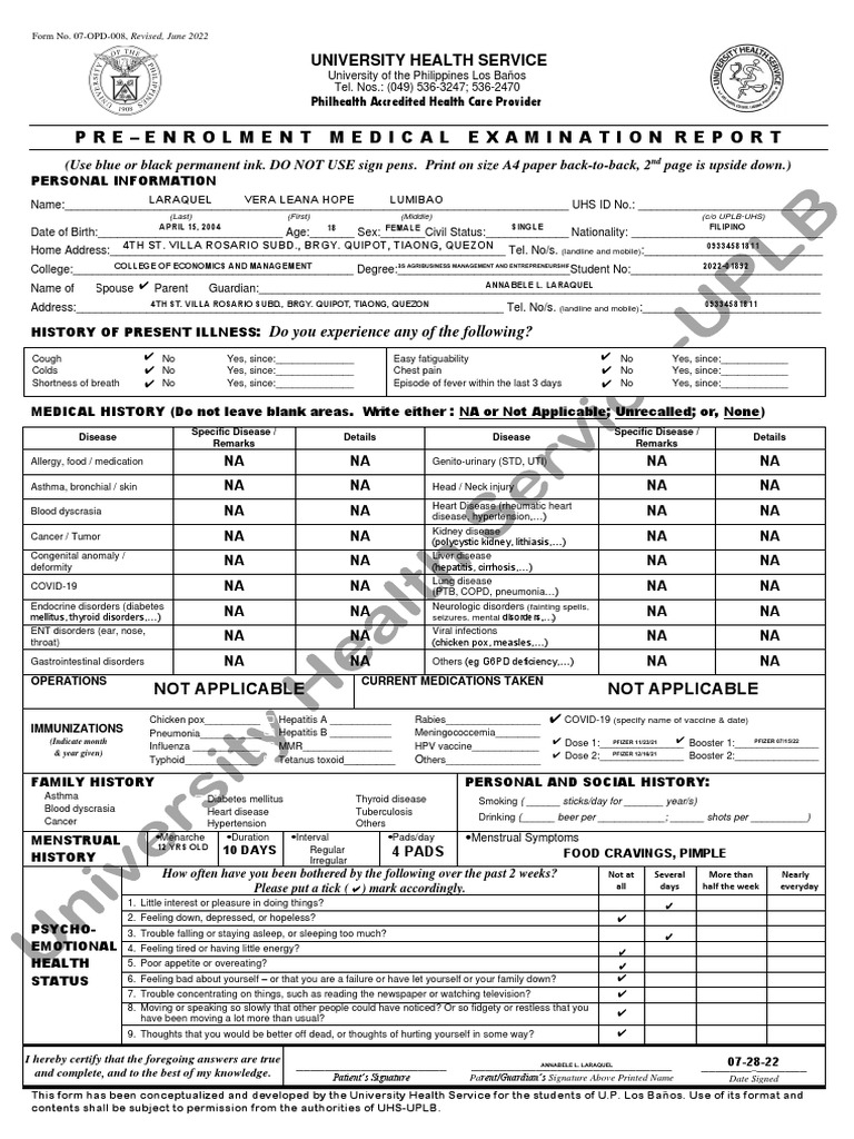 UHS Pre Enrolment Physical Examination Report Form FILLABLE | PDF | Hepatitis | Physical Examination