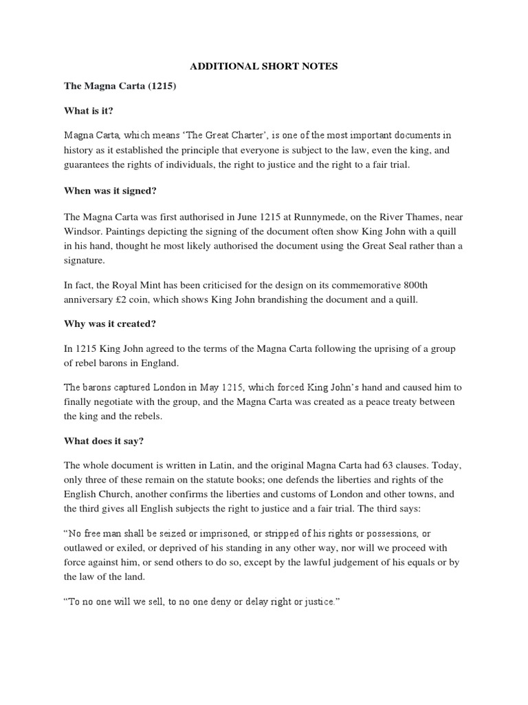 Additional Short Notes | PDF | Magna Carta | Ethical Principles