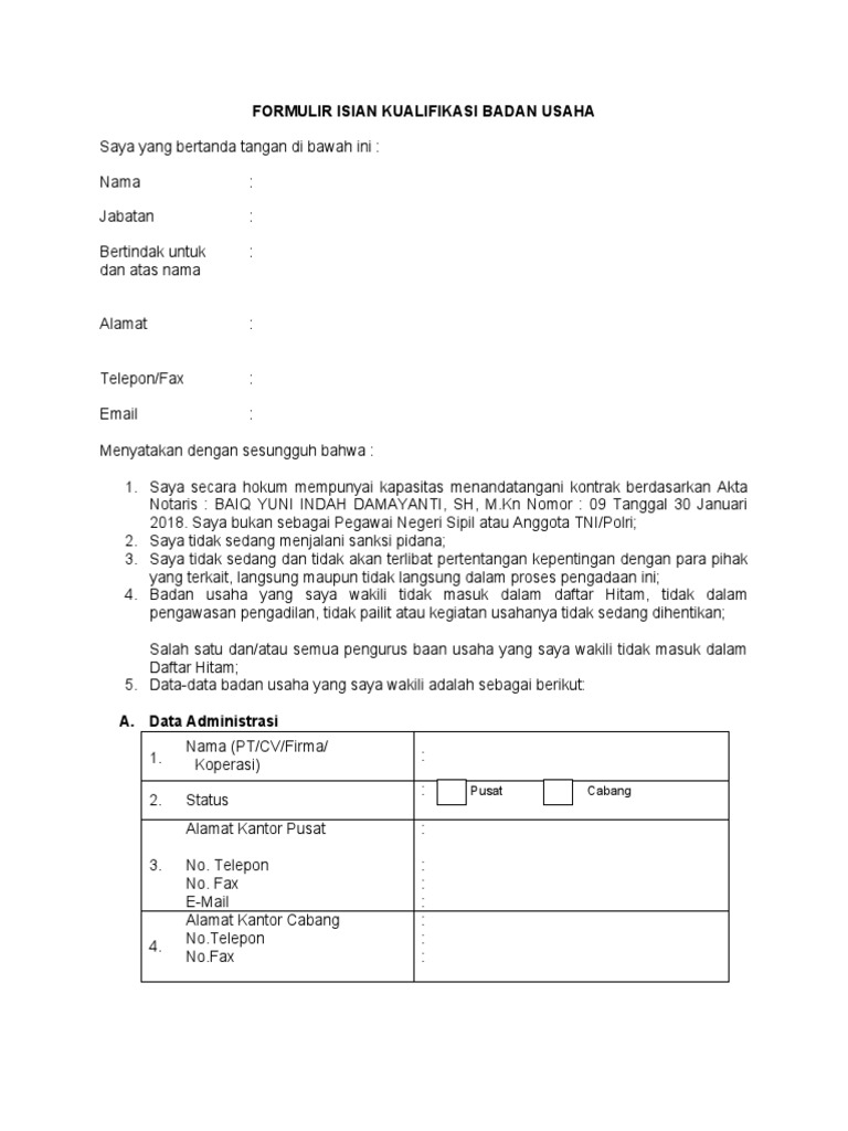 Formulir Isian Kualifikasi Badan Usaha | PDF