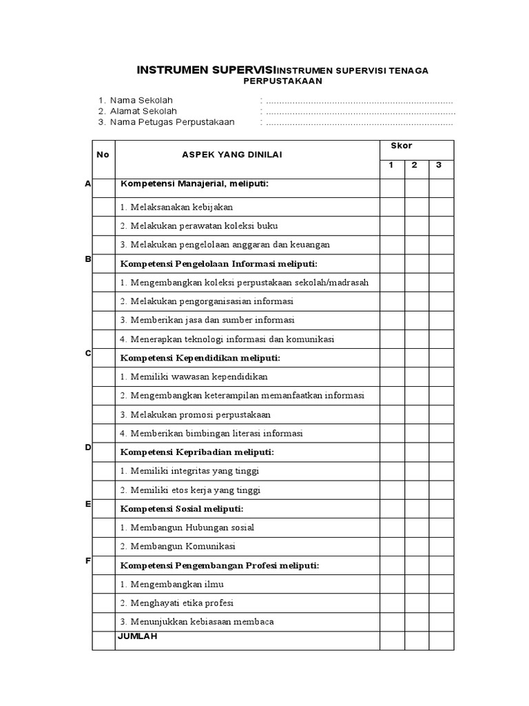 Instrumen Supervisi Tenaga Perpustakaan | PDF
