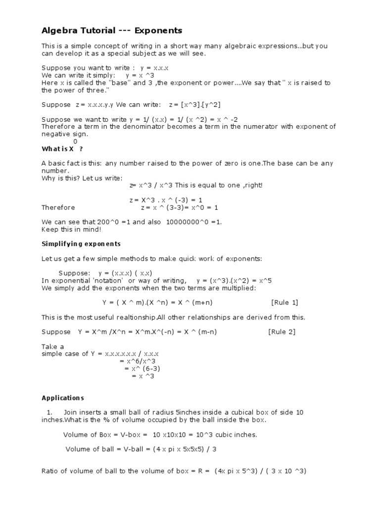 Algebra Tutorial Exponents | PDF | Teaching Mathematics | Nature