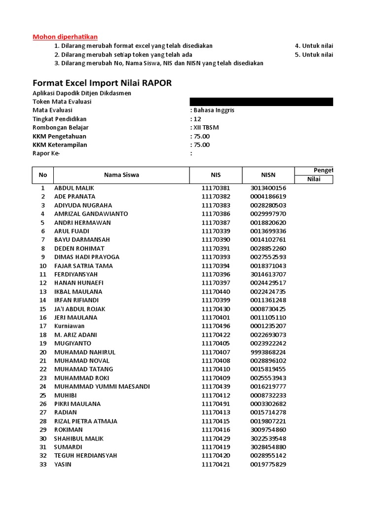 Format Nilai Rapor 20191 XII TBSM Bahasa Inggris | PDF