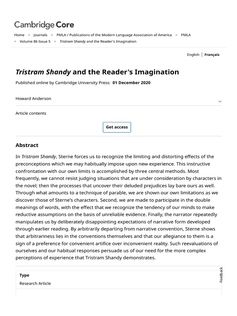 Tristram Shandy and The Reader's Imagination - PMLA - Cambridge Core | PDF