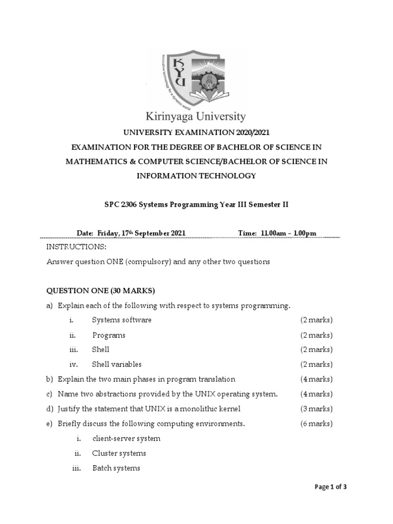 SPC 2306 Systems Programming Year III Semester II | PDF | Process (Computing) | Operating System