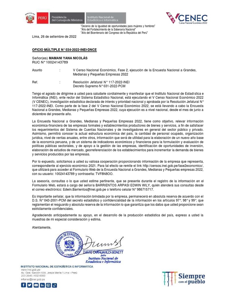 Oficio Múltiple #034-2022-Inei-Dnce | PDF | Pequeñas y medianas empresas | Perú