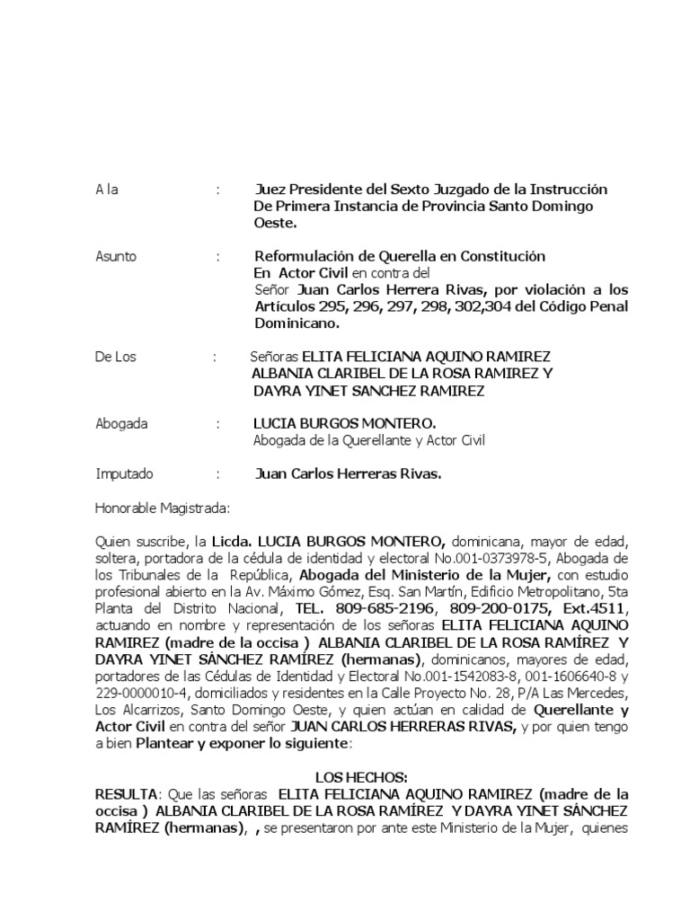 Modelo de Querella Por Femenicidio | PDF | Victimologia | La violencia contra las mujeres
