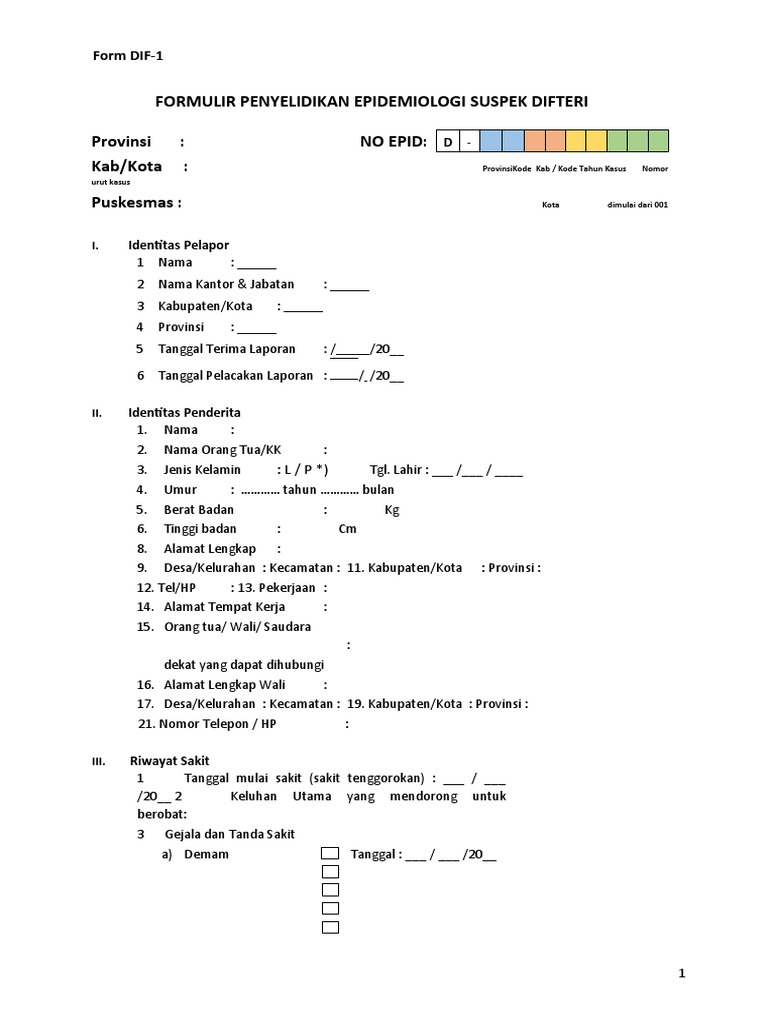 Form DIF-1 - Formulir Penyelidikan Epidemiologi Difteri | PDF