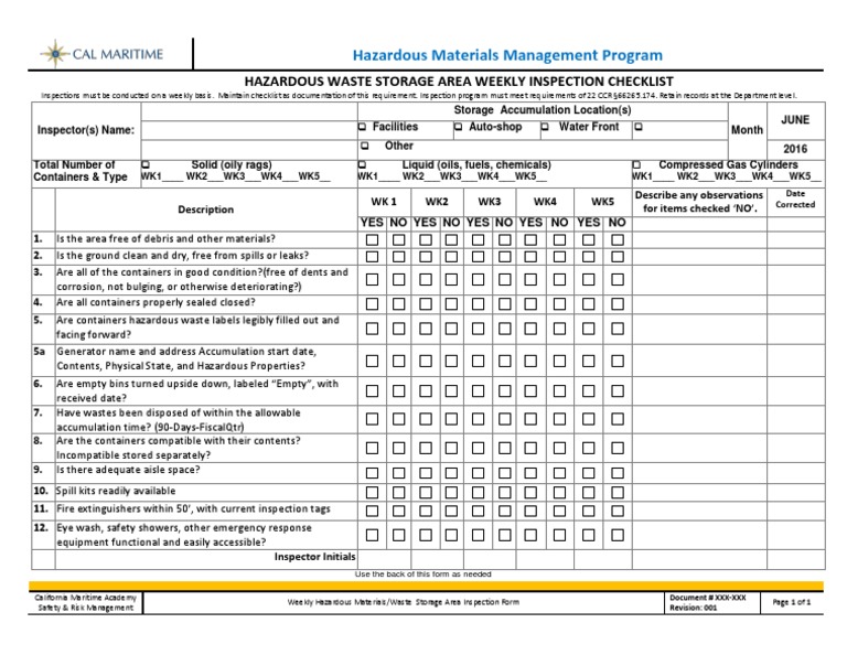 Weekly Hazardous Waste Inspection Checklist | PDF | Hazardous Waste | Waste