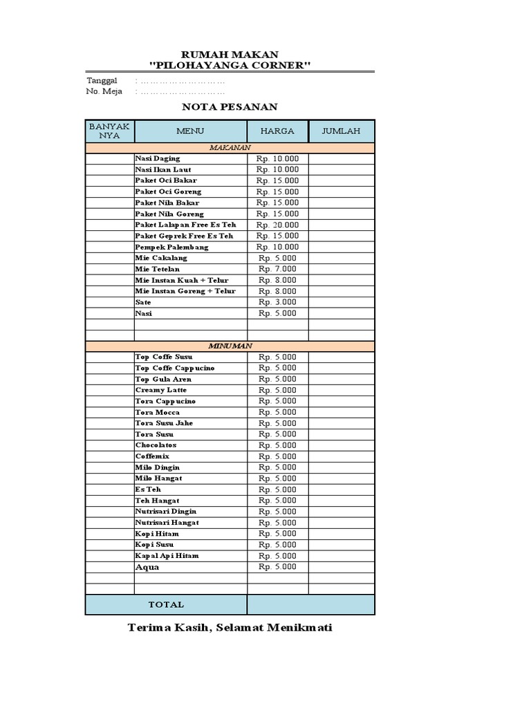 Nota Pesanan Rumah Makan Pilohayanga | PDF
