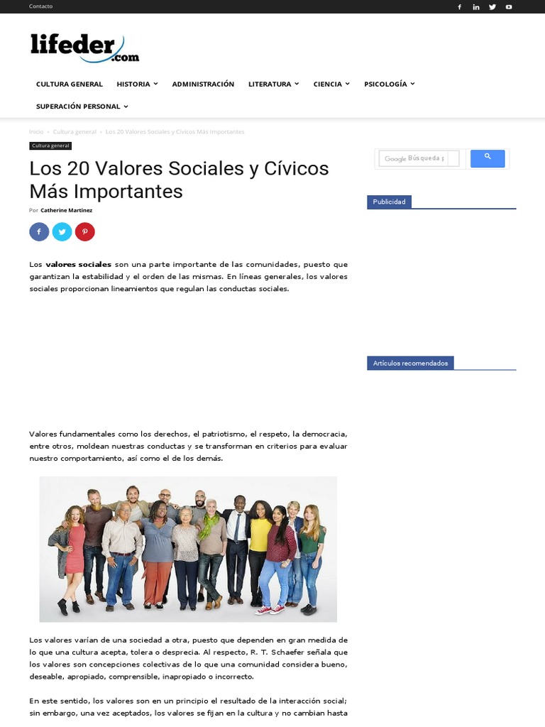 Martinez, C. (S.F.) Los 20 Valores Sociales y Cívicos Más Importantes ...