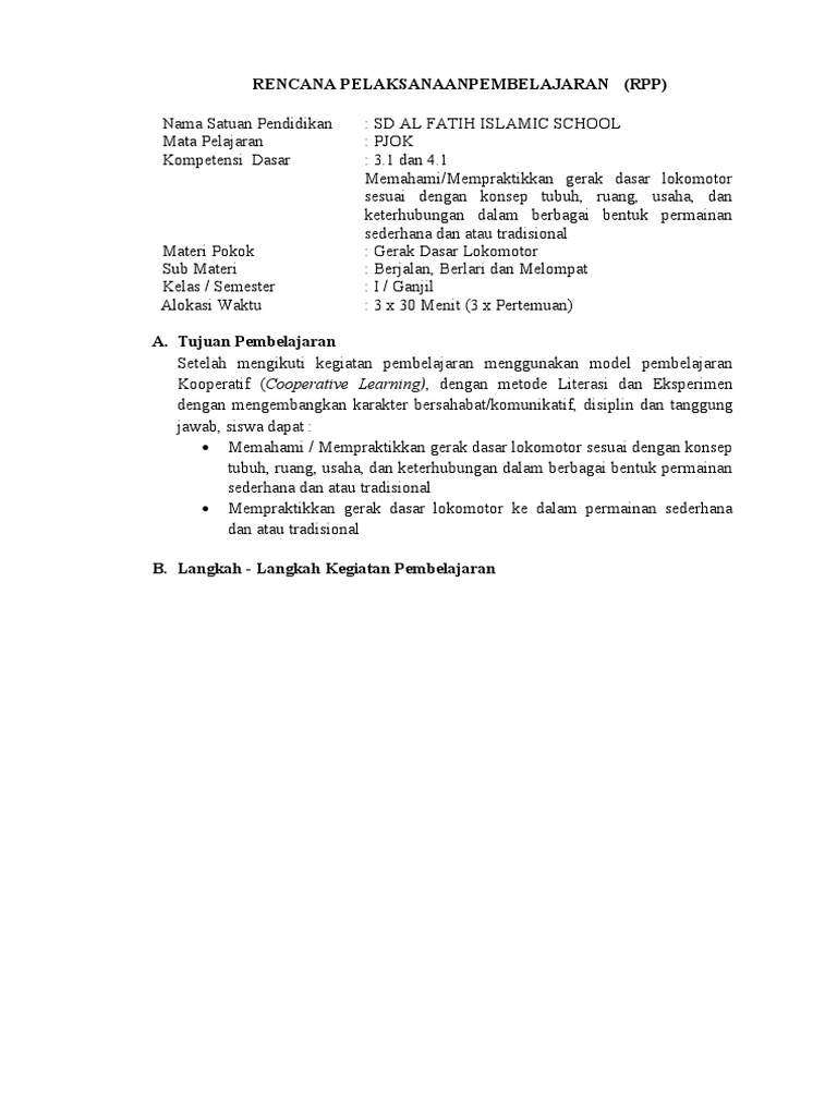 RPP Kelas 1 SD PJOK | PDF