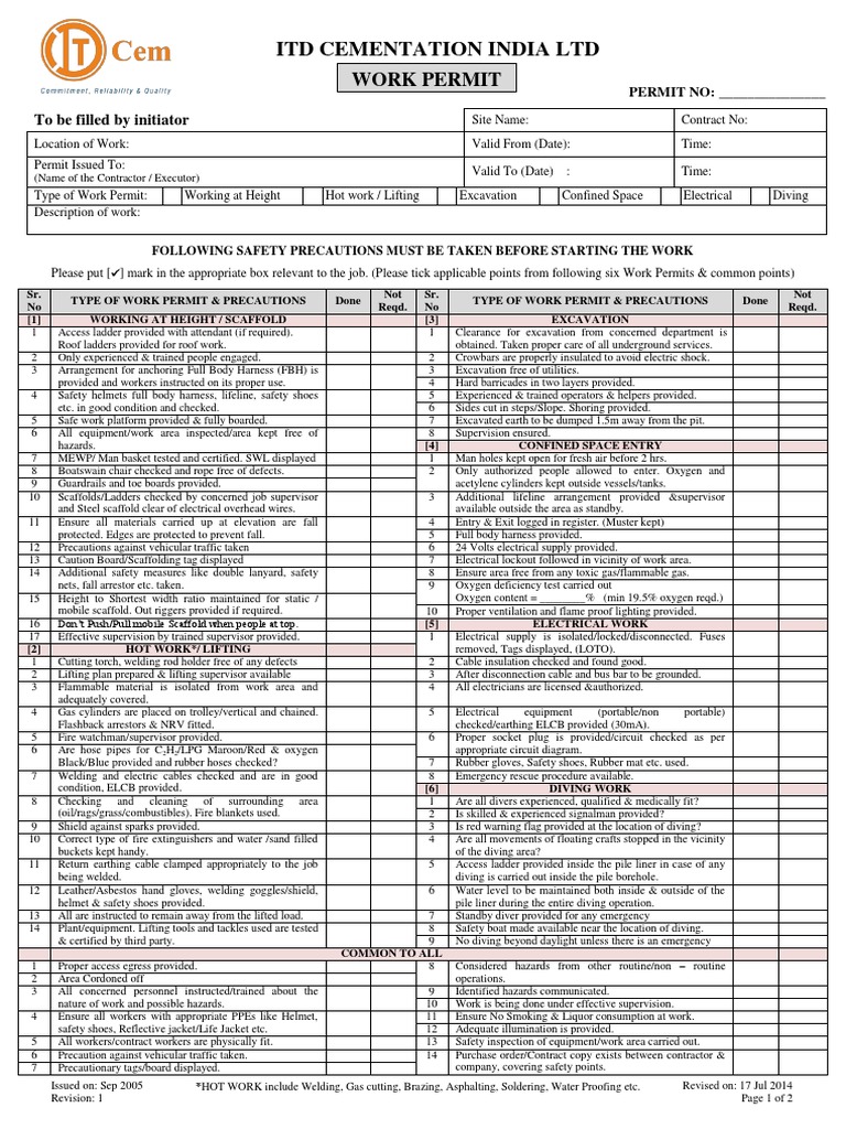Work Permit Format - Jul 2014 | PDF | Underwater Diving | Manufactured ...