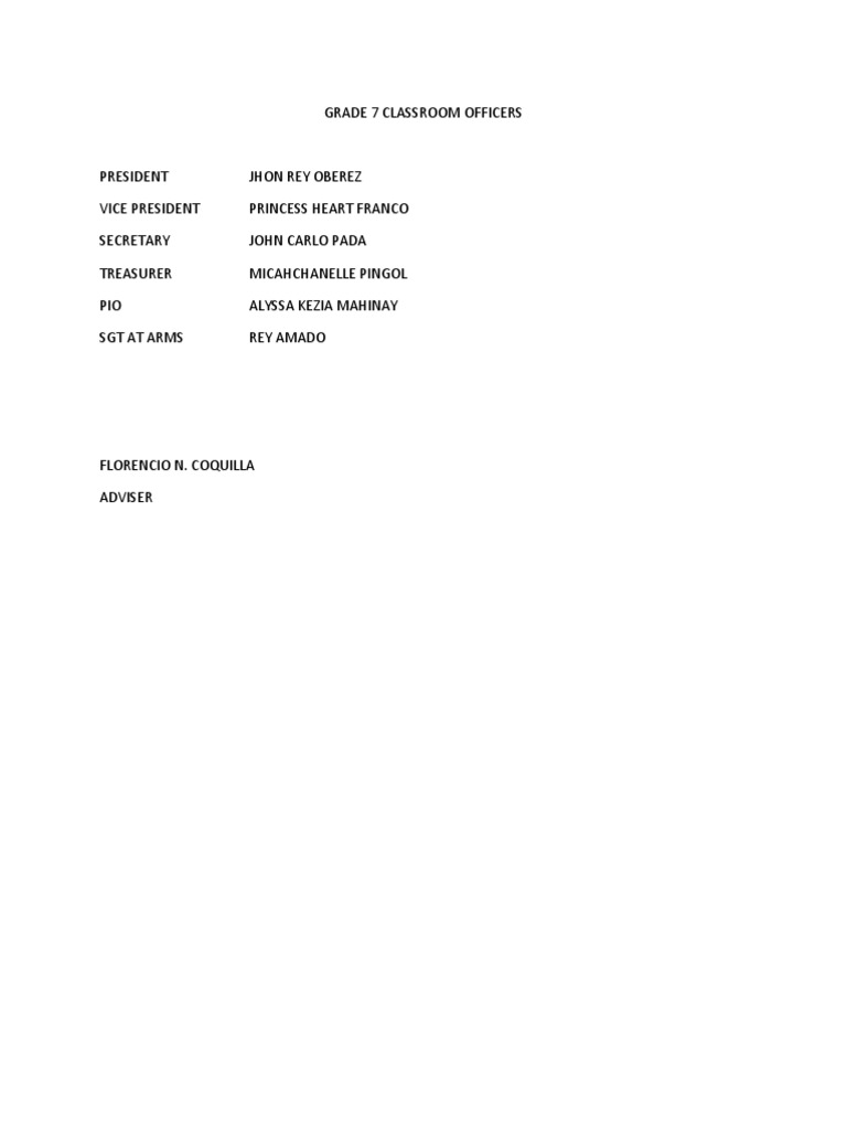 Grade 7 Classroom Officers List | PDF | Sports & Recreation