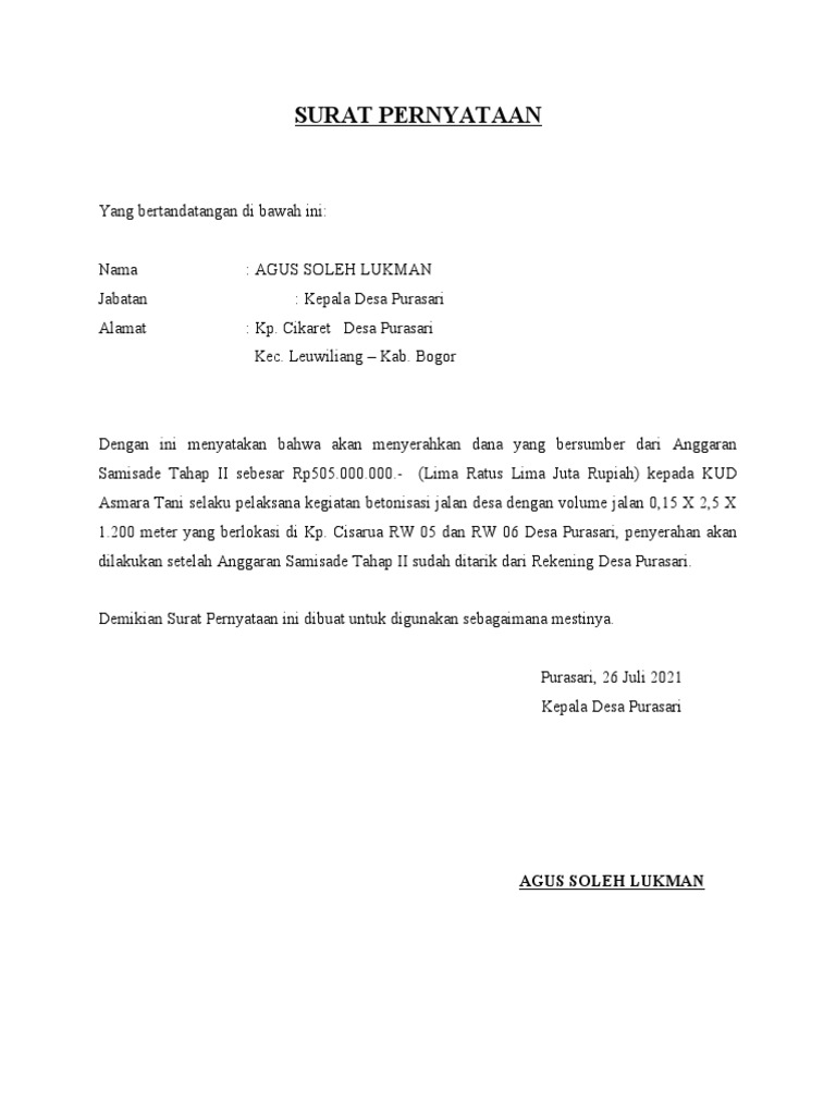 Surat Pernyataan Kepala Desa | PDF