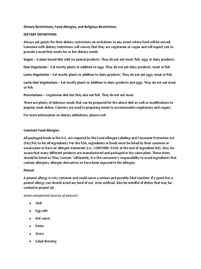 Dietary Restrictions Food Allergies and Religious Restrictions | PDF ...
