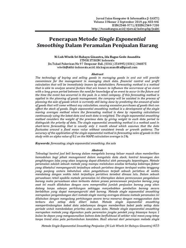 Penerapan Metode Single Exponential Smoothing Dalam Peramalan Penjualan Barang Pdf