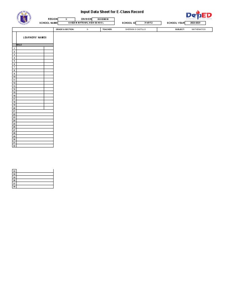 Blank E Class Record Pdf
